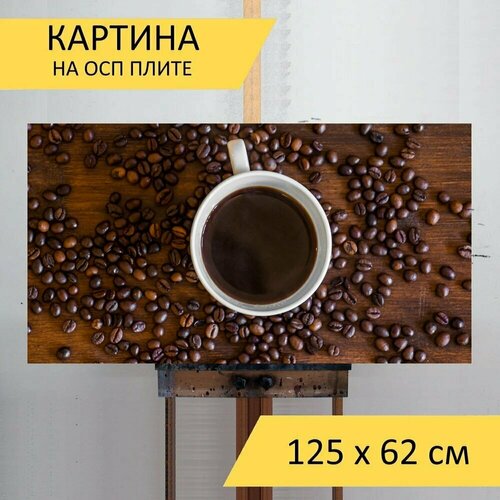 Картина на ОСП 125х62 см. "Кофе, кофейная чашка, чашка" горизонтальная, для интерьера, с креплениями