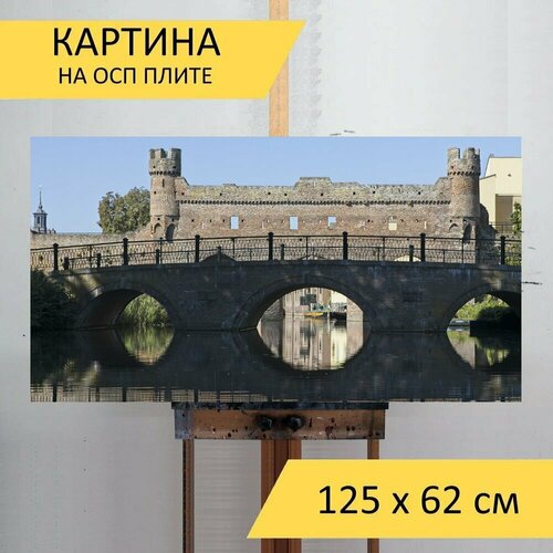 Картина на ОСП 125х62 см. "Мост, река, замок" горизонтальная, для интерьера, с креплениями