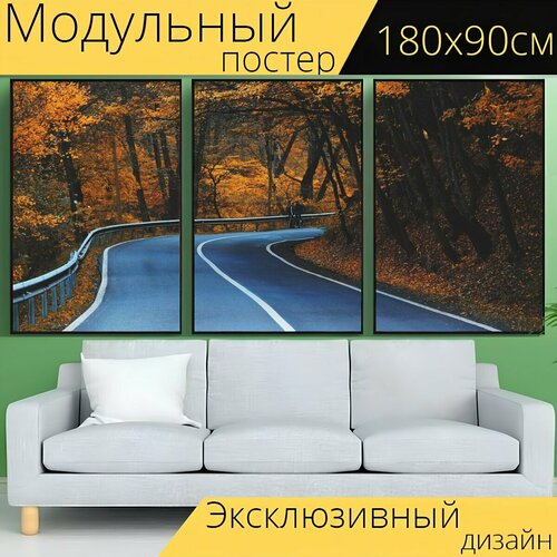 Модульный постер "Дорога, изгиб, деревья" 180 x 90 см. для интерьера