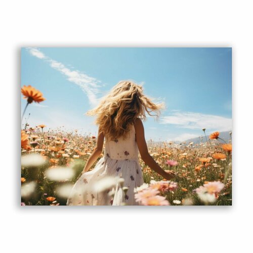 Постер, плакат на бумаге / Девшука в цветочном поле / Размер 80 x 106 см