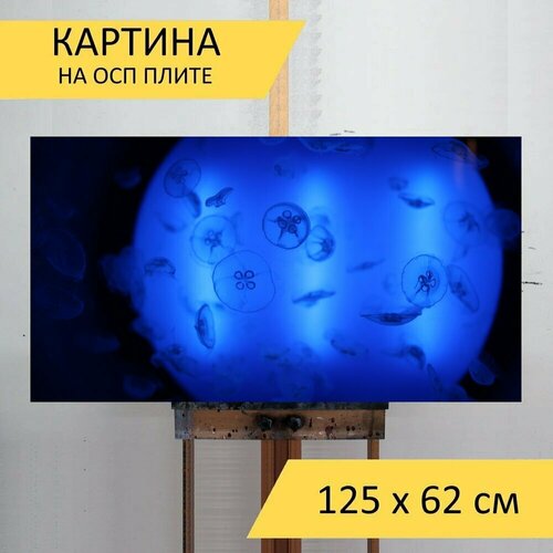 Картина на ОСП 125х62 см. "Медуза, синий, полупрозрачный" горизонтальная, для интерьера, с креплениями