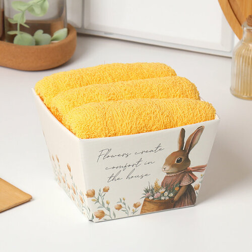 Набор полотенец Этель "Кролик с цветами" 35х50 см - 3 шт, 100% хл, махра 340 г/м2 (комплект из 3 шт)