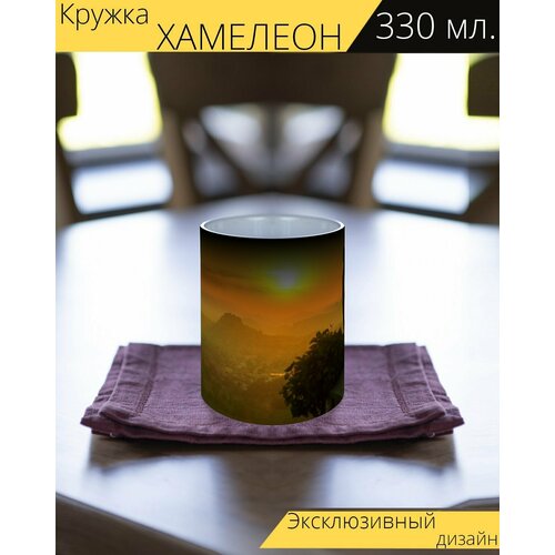 Кружка хамелеон с принтом "Рост планеты, заход солнца, луна" 330 мл.