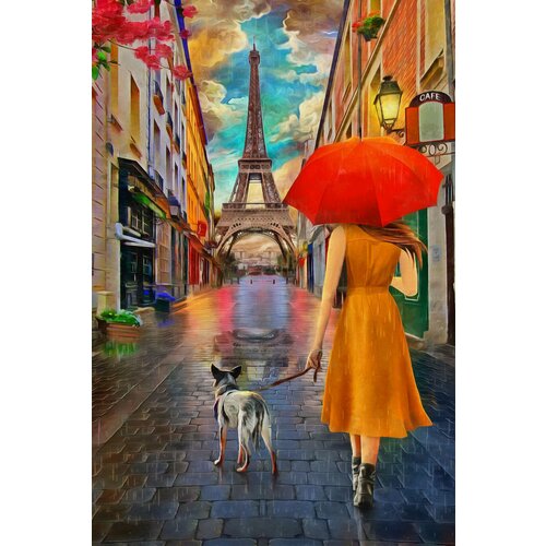 Картина на холсте 40х30см "Дама с собакой под зонтом в Париже"