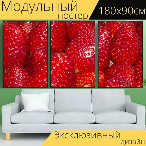 Модульный постер "Клубника, плоды, макрос" 180 x 90 см. для интерьера