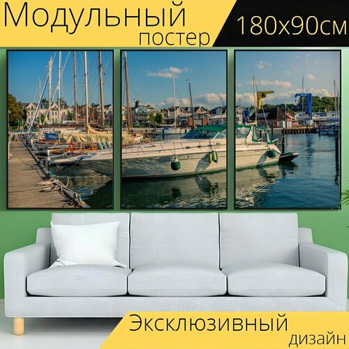 Модульный постер "Порт, парусники, моторная лодка" 180 x 90 см. для интерьера