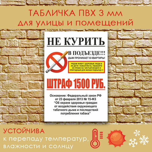 Табличка - "Курение запрещено НЕ курить -штраф", размер 21x30 см. (А4), жесткий пластик ПВХ 3мм УФ печать(не выгорает), Дешево, собственное производство НЕ пленка