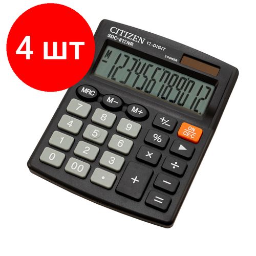 Комплект 4 шт, Калькулятор настольный Citizen SDC-812NR, 12 разрядов, двойное питание, 102*124*25мм, черный