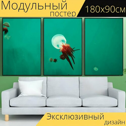 Модульный постер "Медуза, животное, грин" 180 x 90 см. для интерьера