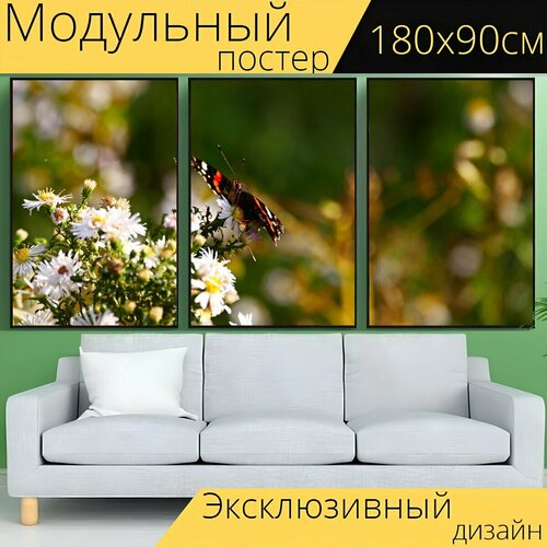 Модульный постер "Бабочка, цветок, лес" 180 x 90 см. для интерьера