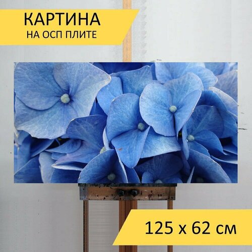Картина на ОСП 125х62 см. "Гортензии, синий, цветок" горизонтальная, для интерьера, с креплениями