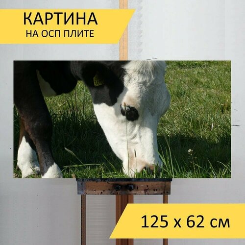 Картина на ОСП 125х62 см. "Корова, еда, трава" горизонтальная, для интерьера, с креплениями