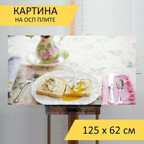 Картина на ОСП 125х62 см. "Яйца пашот на тосте, завтрак, здоровый" горизонтальная, для интерьера, с креплениями