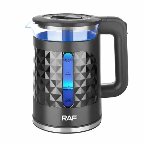 Пластиковый чайник RAF 2 литра, мощность 250 Вт, пластик, цвет черный/голубой