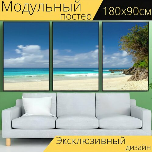 Модульный постер "Сейшелы, пляж, панорама" 180 x 90 см. для интерьера
