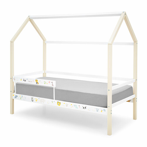 Детская деревянная кровать-домик с фотопечатью и бортиком Svogen бежево-белый/зверята