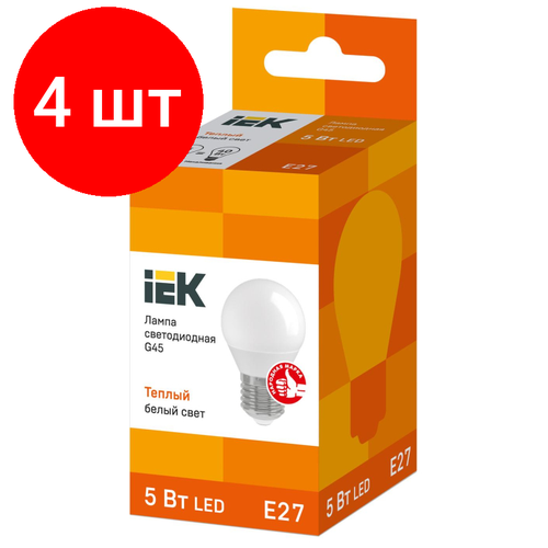 Комплект 4 штук, Лампа светодиодная IEK ECO G45 LLE-G45-5-230-30-E27 5Вт 3000К E27
