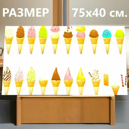 Картина на холсте "Рожок мороженого, клубника, шоколад" на подрамнике 75х40 см. для интерьера