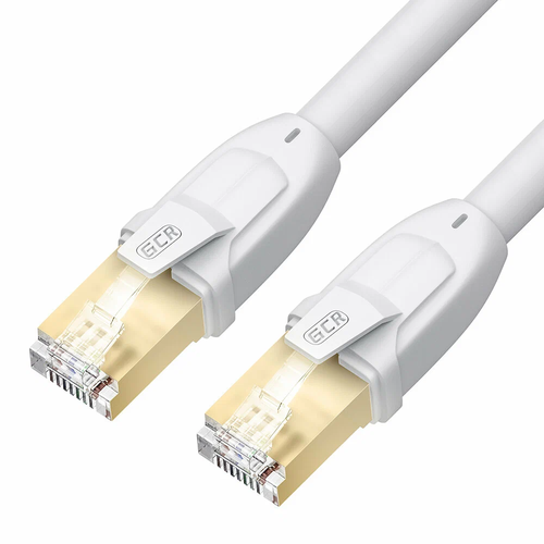 Провод патч-корд 50см PROF LSZH S/FTP cat.8 40 Гбит/с RJ45 LAN ethernet high speed компьютерный кабель для интернета медный экранированные коннекторы контакты 24K GOLD (GCR-L306) белый