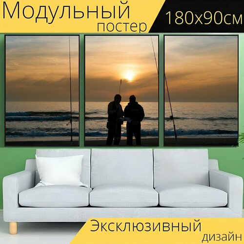 Модульный постер "Заход солнца, море, пляж" 180 x 90 см. для интерьера