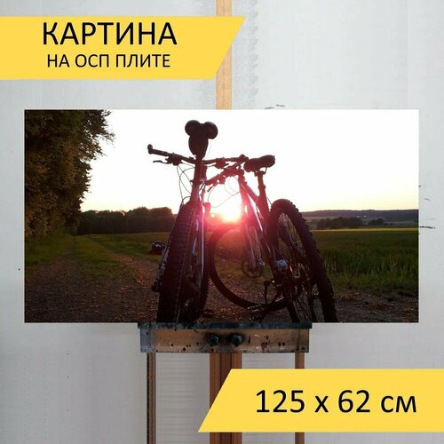 Картина на ОСП 125х62 см. "Заход солнца, велосипед, кататься на велосипеде" горизонтальная, для интерьера, с креплениями