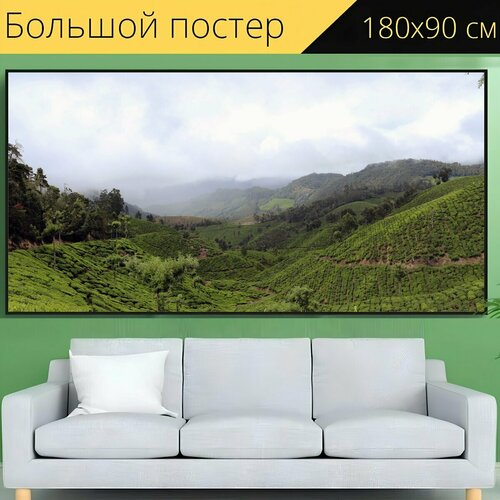 Большой постер "Чайный сад, пейзаж, плантация" 180 x 90 см. для интерьера