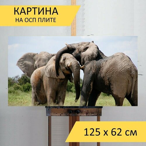 Картина на ОСП 125х62 см. "Слоны, бивни, сундуки" горизонтальная, для интерьера, с креплениями