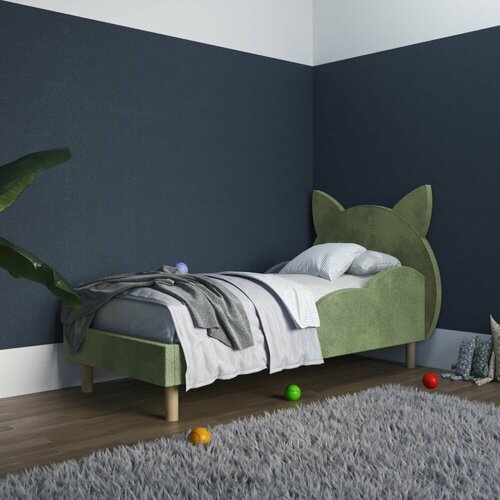 Детская кровать мягкая с ушками и бортиками 90x190 Китти цвет Зеленый