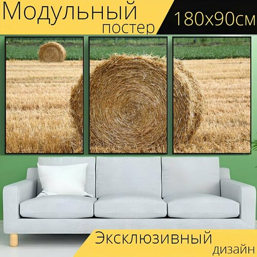 Модульный постер "Стог сена, пшеница, поле" 180 x 90 см. для интерьера