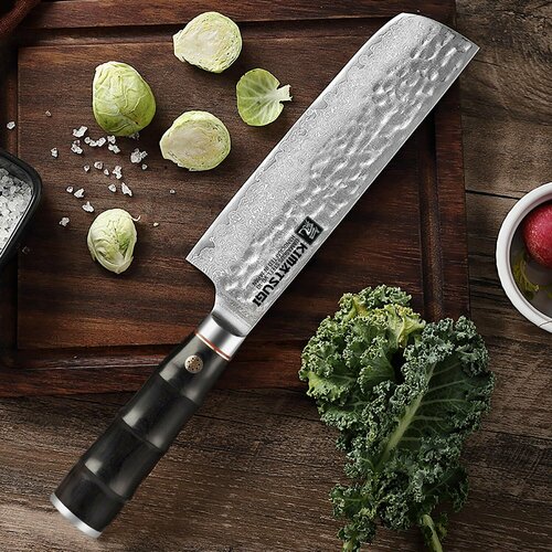 Kimatsugi / Японский кухонный поварской нож Накири Damascus #117. Настоящая дамасская сталь 67 слоев. VG-10 в обкладках. В подарочной коробке