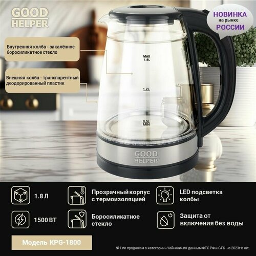 Чайник электрический стеклянный с подсветкой GOODHELPER KPG-1800 / 1,8л