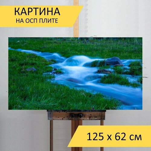 Картина на ОСП 125х62 см. "Река, зеленый, воды эффект" горизонтальная, для интерьера, с креплениями