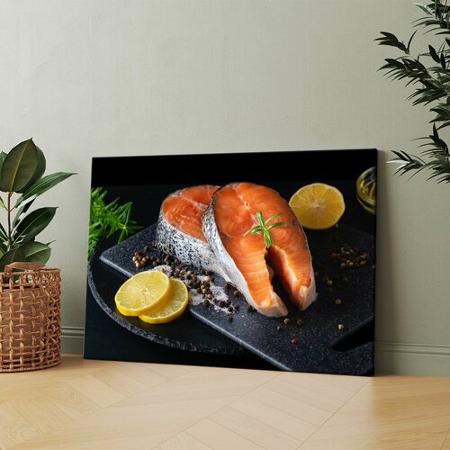 Картина на холсте (Кусок лосося на черной тарелке) 30x40 см. Интерьерная, на стену.