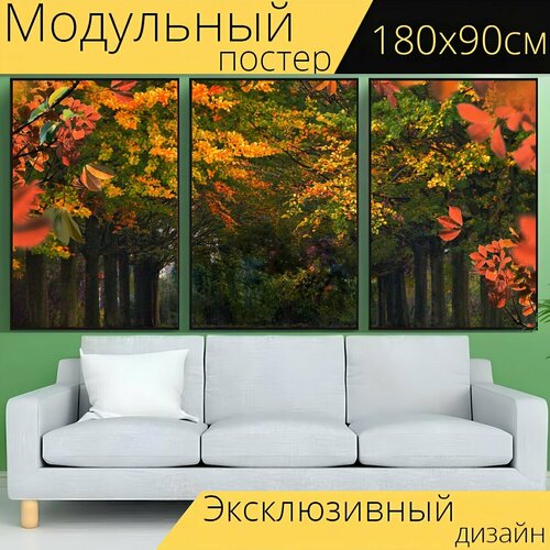 Модульный постер "Лес, падение, листья" 180 x 90 см. для интерьера
