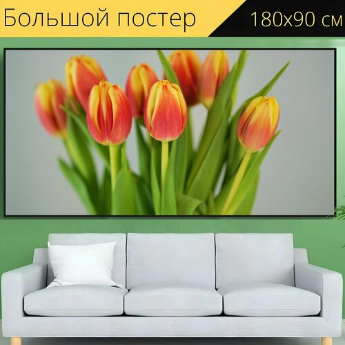 Большой постер "Цветы, тюльпаны, бутоны" 180 x 90 см. для интерьера