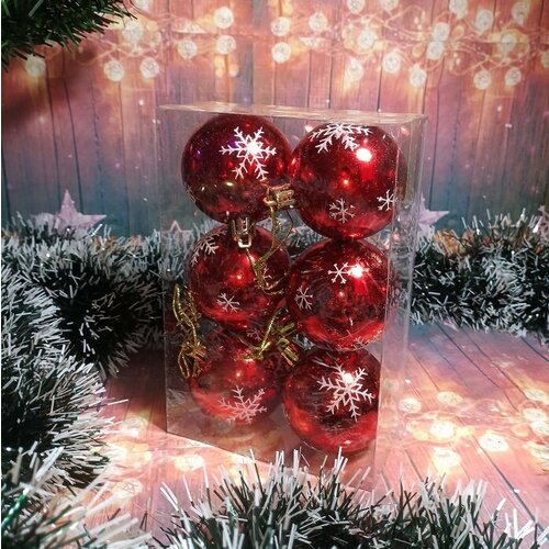 Набор новогодних елочных шаров, Снежинка, диаметр 6 см, 6 штук, красные