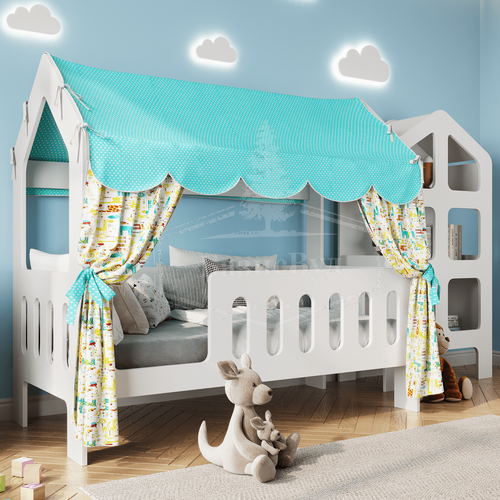 Кровать детская домик с текстилем (бирюзовый, с жирафиками, вход слева) "Классик"