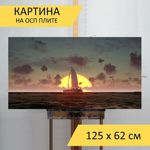 Картина на ОСП 125х62 см. "Яхта, заход солнца, плыть" горизонтальная, для интерьера, с креплениями