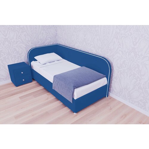 Односпальная кровать Скаут 120x200 с подъемным механизмом и с коробом для белья велюр синий без ножек угол правый