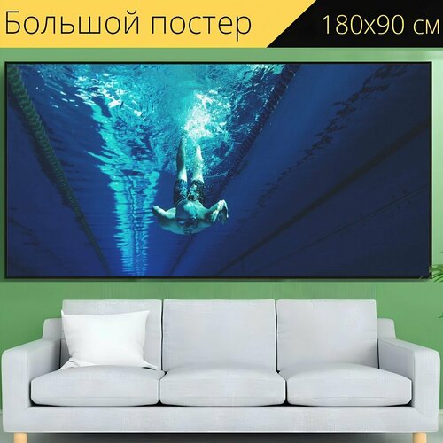 Большой постер "Плавание, дайвинг, вода" 180 x 90 см. для интерьера