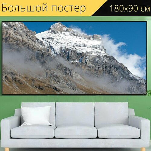 Большой постер "Гора, встреча на высшем уровне, снег" 180 x 90 см. для интерьера