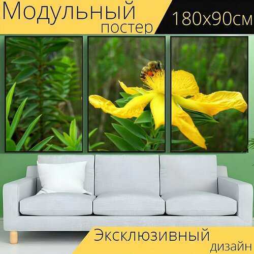Модульный постер "Цветок, пчела, нектар" 180 x 90 см. для интерьера