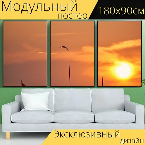 Модульный постер "Чайка, заход солнца, послесвечение" 180 x 90 см. для интерьера