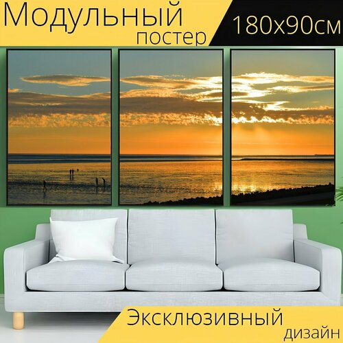 Модульный постер "Заход солнца, северное море, природный парк ваттового моря" 180 x 90 см. для интерьера