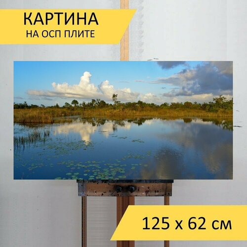 Картина на ОСП 125х62 см. "Отражение, вода, природа" горизонтальная, для интерьера, с креплениями