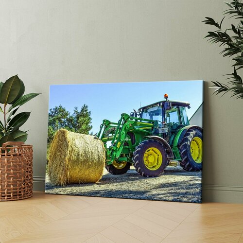 Картина на холсте (Трактор John Deere - уборка сена и погрузка) 40x60 см. Интерьерная, на стену.