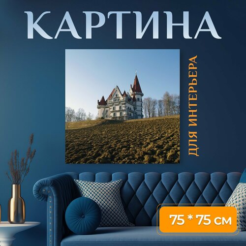 Картина на холсте "Замок, поле, пейзаж" на подрамнике 75х75 см. для интерьера