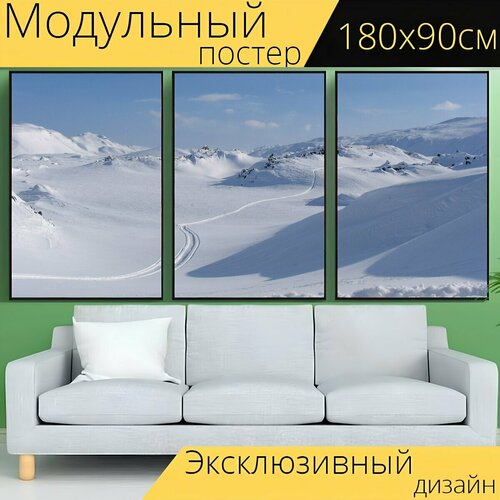 Модульный постер "Снежная долина, горы, зима" 180 x 90 см. для интерьера