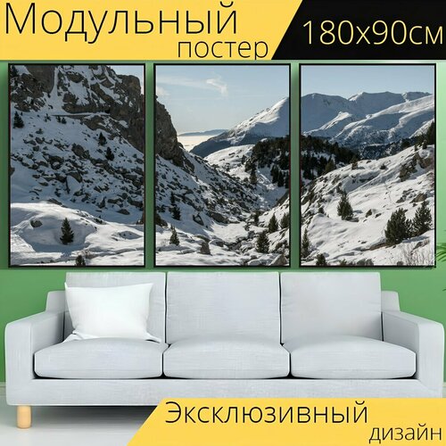 Модульный постер "Снег, гора, горы" 180 x 90 см. для интерьера