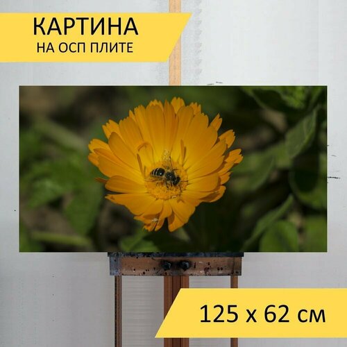Картина на ОСП 125х62 см. "Пчела, цветок, насекомое" горизонтальная, для интерьера, с креплениями